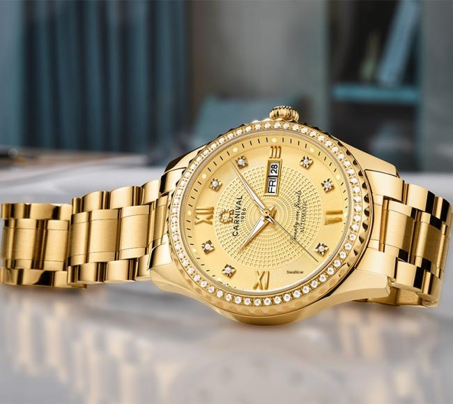 CARNIVAL Men Automatic Mechanical Wrist Watch, Stainless Steel Band, Diamond Bezel, Dual Calendar Luminous 30M Waterproof Business Dress Watch