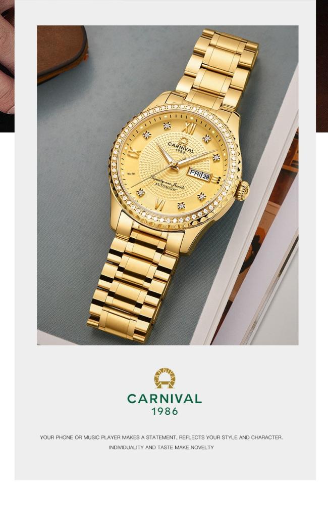 CARNIVAL Men Automatic Mechanical Wrist Watch, Stainless Steel Band, Diamond Bezel, Dual Calendar Luminous 30M Waterproof Business Dress Watch
