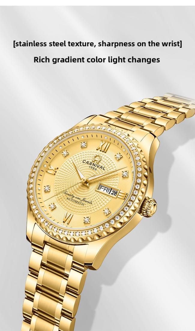 CARNIVAL Men Automatic Mechanical Wrist Watch, Stainless Steel Band, Diamond Bezel, Dual Calendar Luminous 30M Waterproof Business Dress Watch