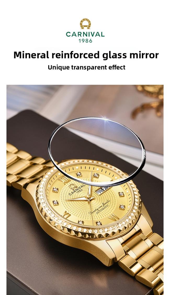 CARNIVAL Men Automatic Mechanical Wrist Watch, Stainless Steel Band, Diamond Bezel, Dual Calendar Luminous 30M Waterproof Business Dress Watch