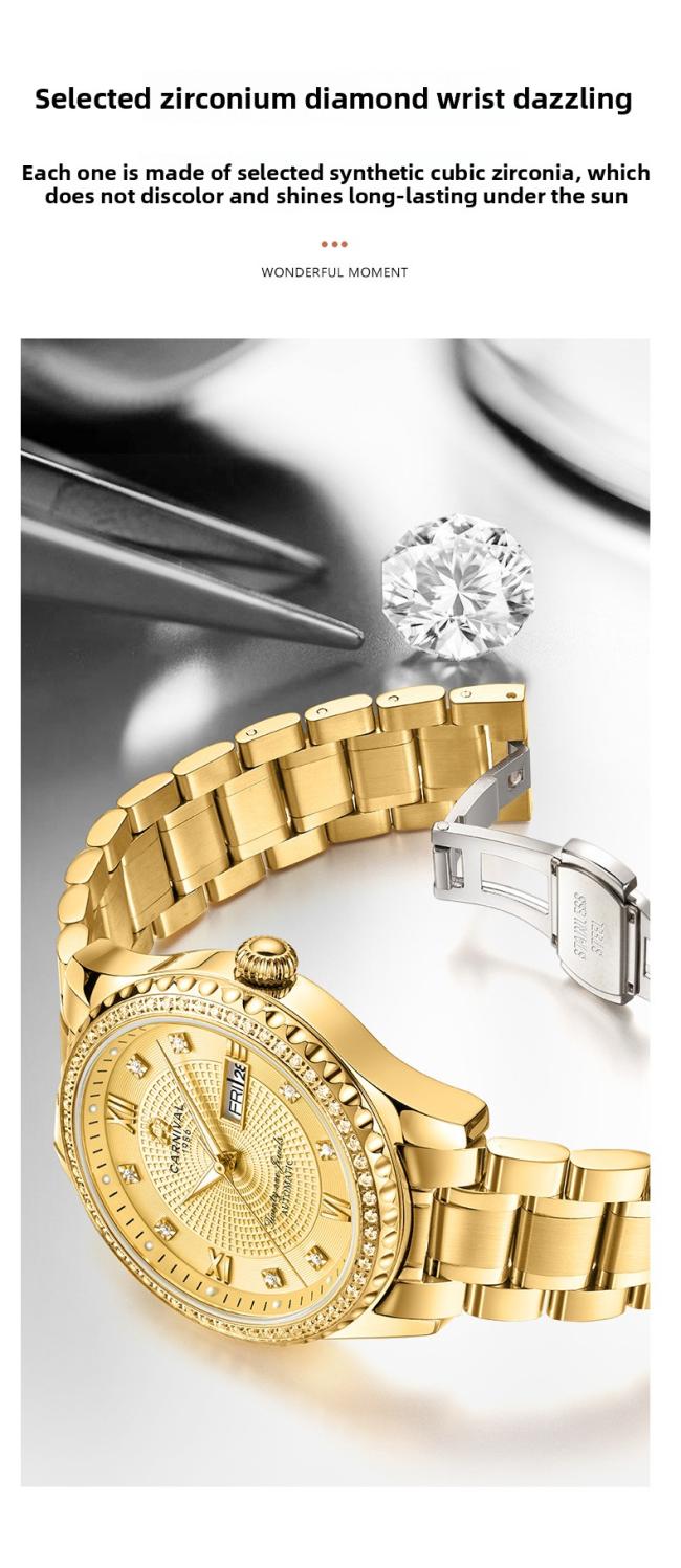 CARNIVAL Men Automatic Mechanical Wrist Watch, Stainless Steel Band, Diamond Bezel, Dual Calendar Luminous 30M Waterproof Business Dress Watch