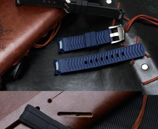 Rubber Watch Band Silicone Sport Strap Replacement with Folding Clasp Black Blue Vertical Groove Design for Men Women Universal Fit