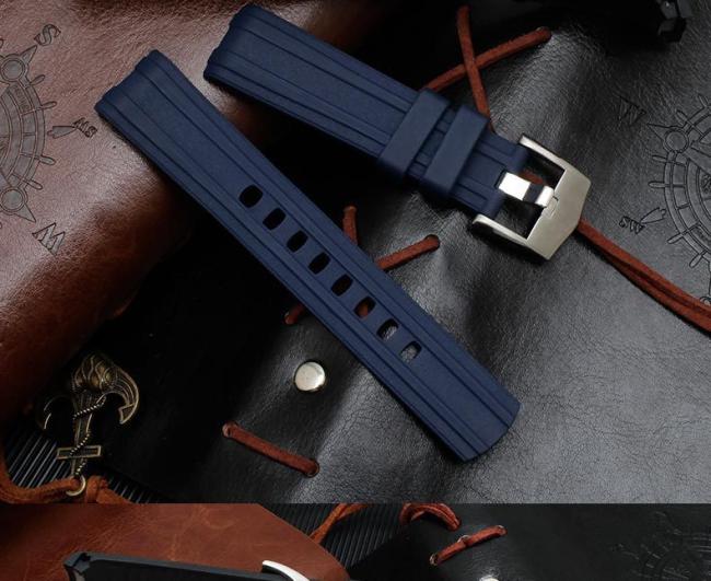 Rubber Watch Band Silicone Sport Strap Replacement with Folding Clasp Black Blue Vertical Groove Design for Men Women Universal Fit