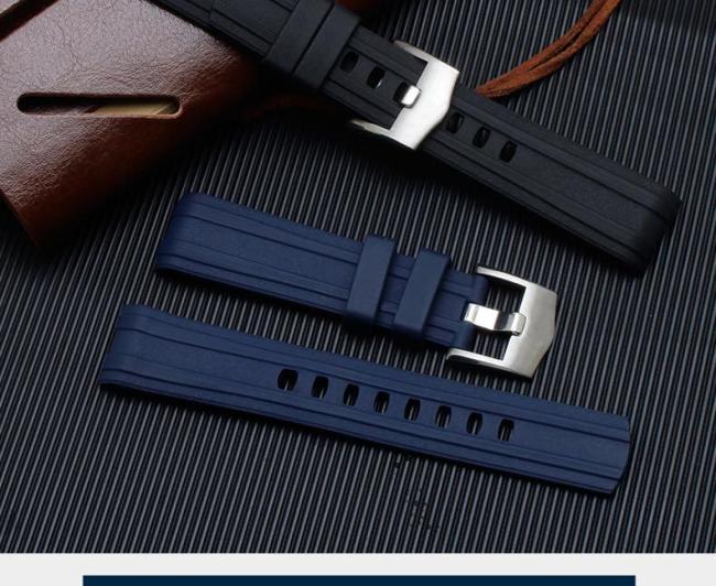 Rubber Watch Band Silicone Sport Strap Replacement with Folding Clasp Black Blue Vertical Groove Design for Men Women Universal Fit