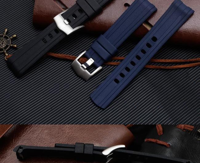 Rubber Watch Band Silicone Sport Strap Replacement with Folding Clasp Black Blue Vertical Groove Design for Men Women Universal Fit