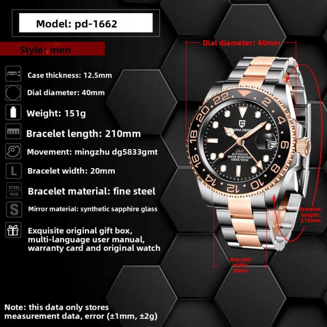 Men's 40mm GMT Automatic Mechanical Watch, Stainless Steel Sport Wristwatch with Sapphire Glass, 100M Waterproof