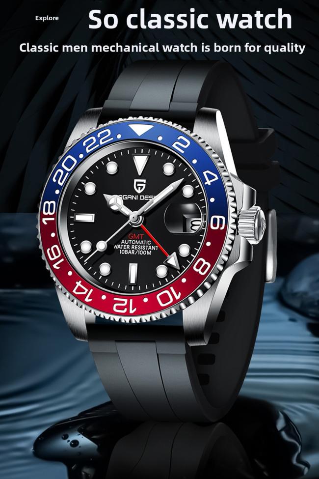 Men's 40mm GMT Automatic Mechanical Watch, Stainless Steel Sport Wristwatch with Sapphire Glass, 100M Waterproof