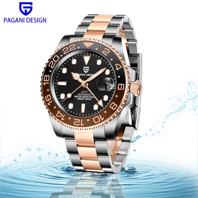 Men's 40mm GMT Automatic Mechanical Watch, Stainless Steel Sport Wristwatch with Sapphire Glass, 100M Waterproof