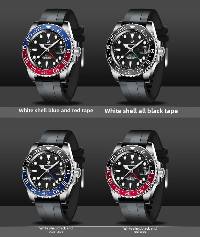 Men's 40mm GMT Automatic Mechanical Watch, Stainless Steel Sport Wristwatch with Sapphire Glass, 100M Waterproof