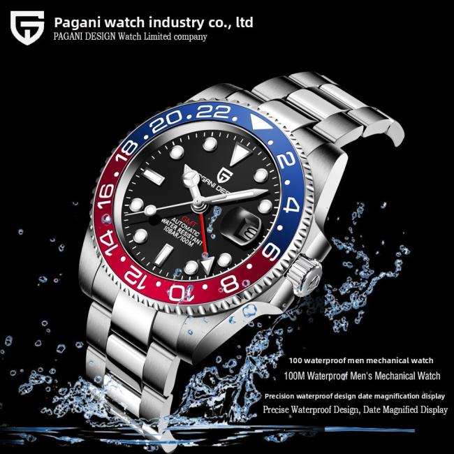 Men's 40mm GMT Automatic Mechanical Watch, Stainless Steel Sport Wristwatch with Sapphire Glass, 100M Waterproof