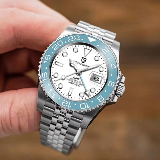 Men's 40mm GMT Automatic Mechanical Watch, Stainless Steel Sport Wristwatch with Sapphire Glass, 100M Waterproof