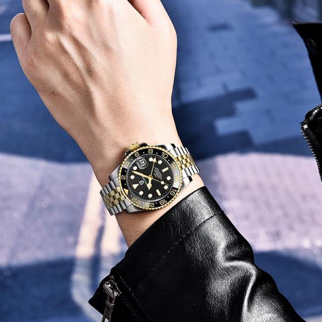 Men's 40mm GMT Automatic Mechanical Watch, Stainless Steel Sport Wristwatch with Sapphire Glass, 100M Waterproof