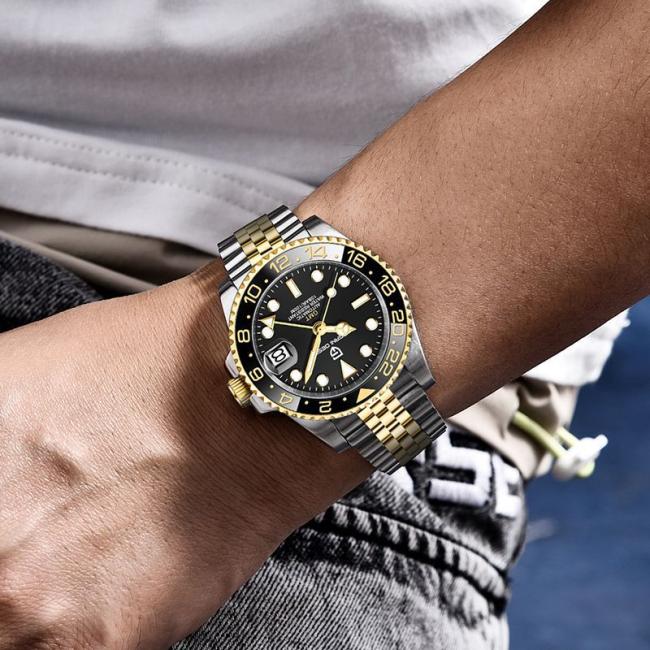 Men's 40mm GMT Automatic Mechanical Watch, Stainless Steel Sport Wristwatch with Sapphire Glass, 100M Waterproof
