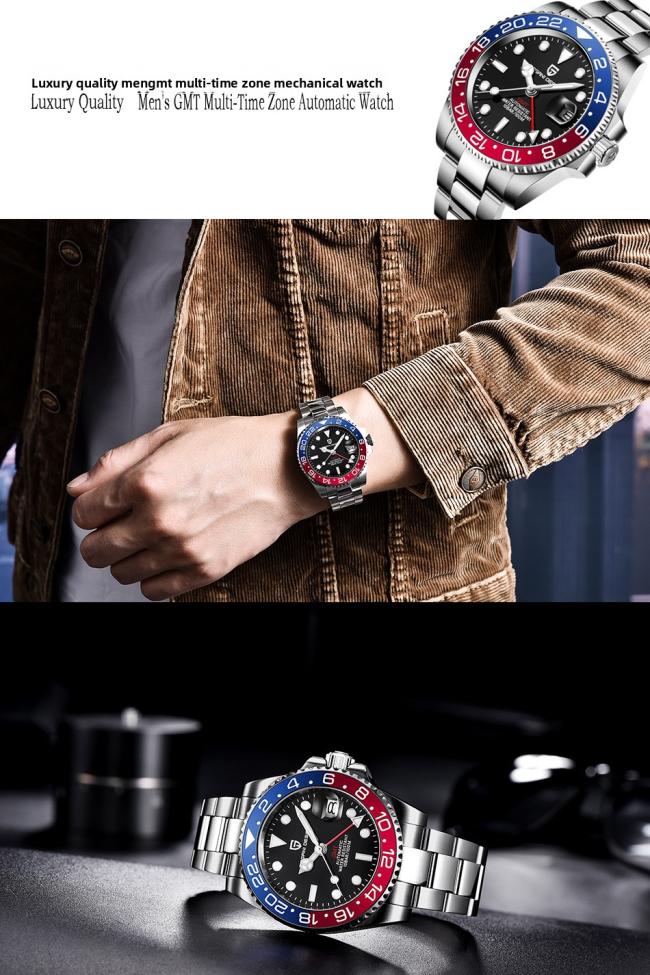 Men's 40mm GMT Automatic Mechanical Watch, Stainless Steel Sport Wristwatch with Sapphire Glass, 100M Waterproof