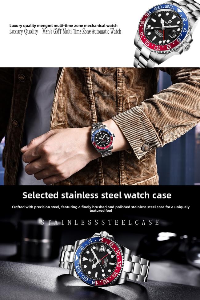 Men's 40mm GMT Automatic Mechanical Watch, Stainless Steel Sport Wristwatch with Sapphire Glass, 100M Waterproof