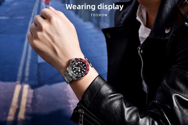 Men's 40mm GMT Automatic Mechanical Watch, Stainless Steel Sport Wristwatch with Sapphire Glass, 100M Waterproof