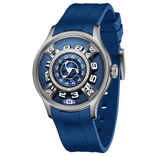 Men skeleton automatic mechanical watch with blue rubber strap luminous hollow dial