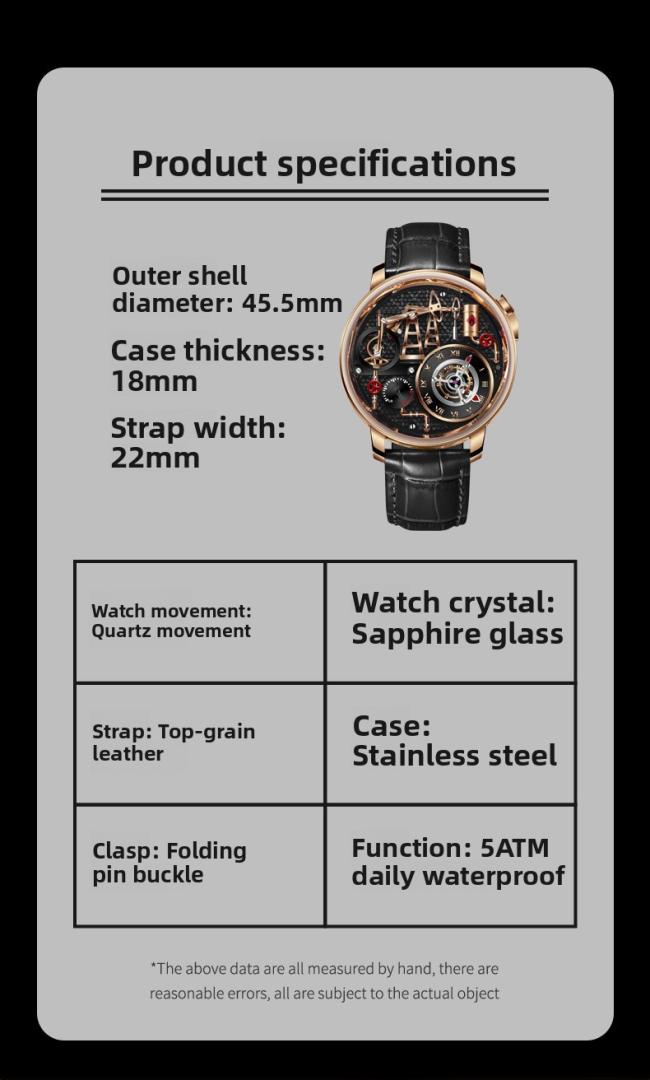 Men's Skeleton Quartz Watch, Oil Pump Rig Dial Wristwatch, 5ATM Waterproof Genuine Leather Strap Luxury Dress Watch for Men