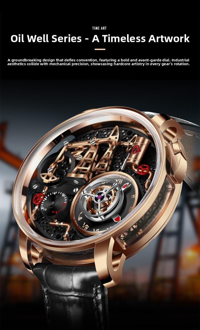 Men's Skeleton Quartz Watch, Oil Pump Rig Dial Wristwatch, 5ATM Waterproof Genuine Leather Strap Luxury Dress Watch for Men