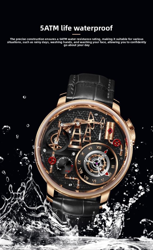 Men's Skeleton Quartz Watch, Oil Pump Rig Dial Wristwatch, 5ATM Waterproof Genuine Leather Strap Luxury Dress Watch for Men
