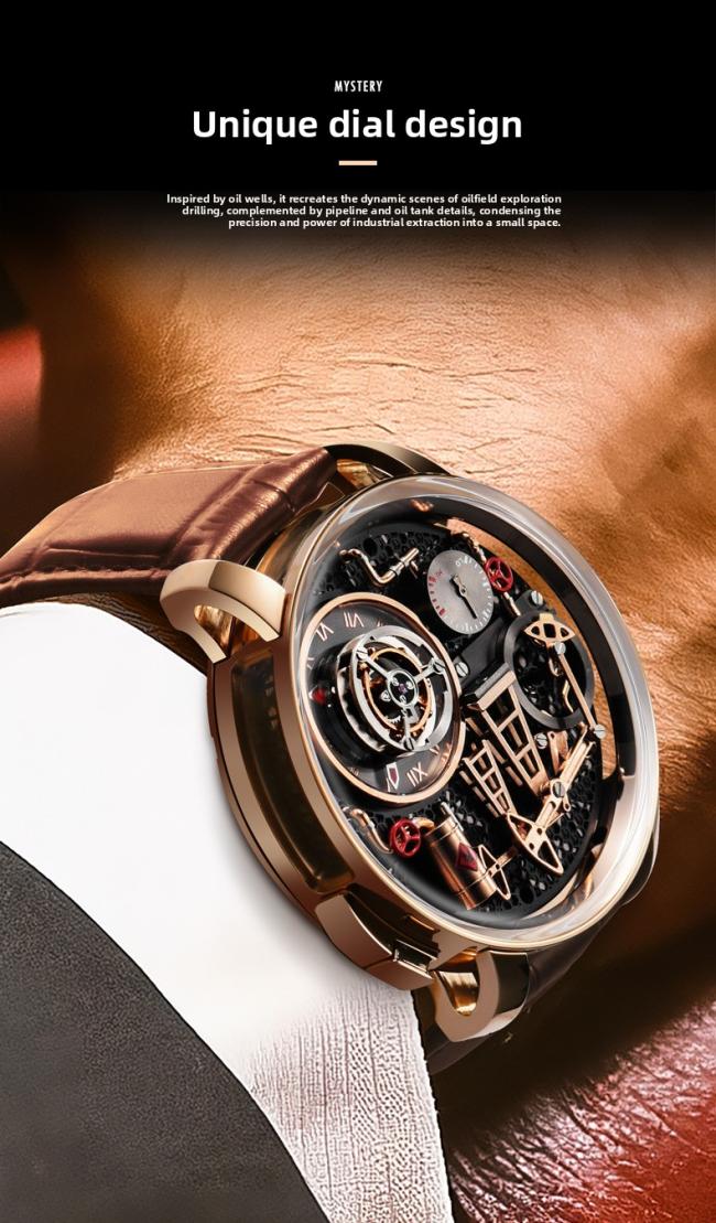 Men's Skeleton Quartz Watch, Oil Pump Rig Dial Wristwatch, 5ATM Waterproof Genuine Leather Strap Luxury Dress Watch for Men