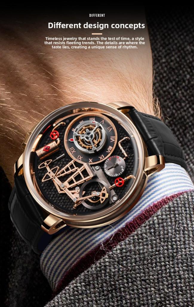 Men's Skeleton Quartz Watch, Oil Pump Rig Dial Wristwatch, 5ATM Waterproof Genuine Leather Strap Luxury Dress Watch for Men