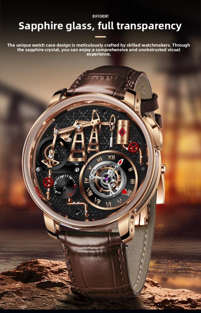 Men's Skeleton Quartz Watch, Oil Pump Rig Dial Wristwatch, 5ATM Waterproof Genuine Leather Strap Luxury Dress Watch for Men