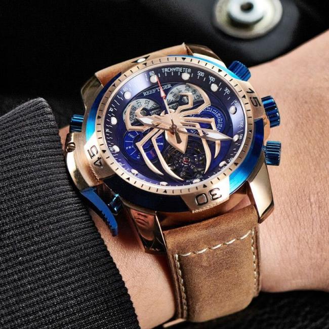 Men automatic mechanical watch, 3D golden spider skeleton blue dial, rose gold blue case, brown leather strap sport chronograph wrist watch