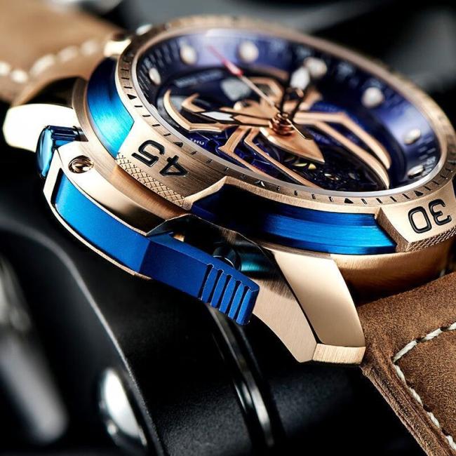 46mm mens sport mechanical watch with spider skeleton dial, luminous chronograph watch