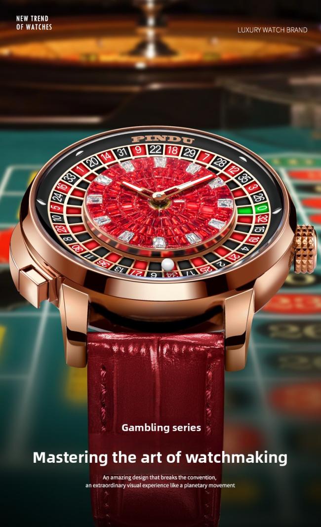 Men unique automatic mechanical watch 46mm large dial red leather strap