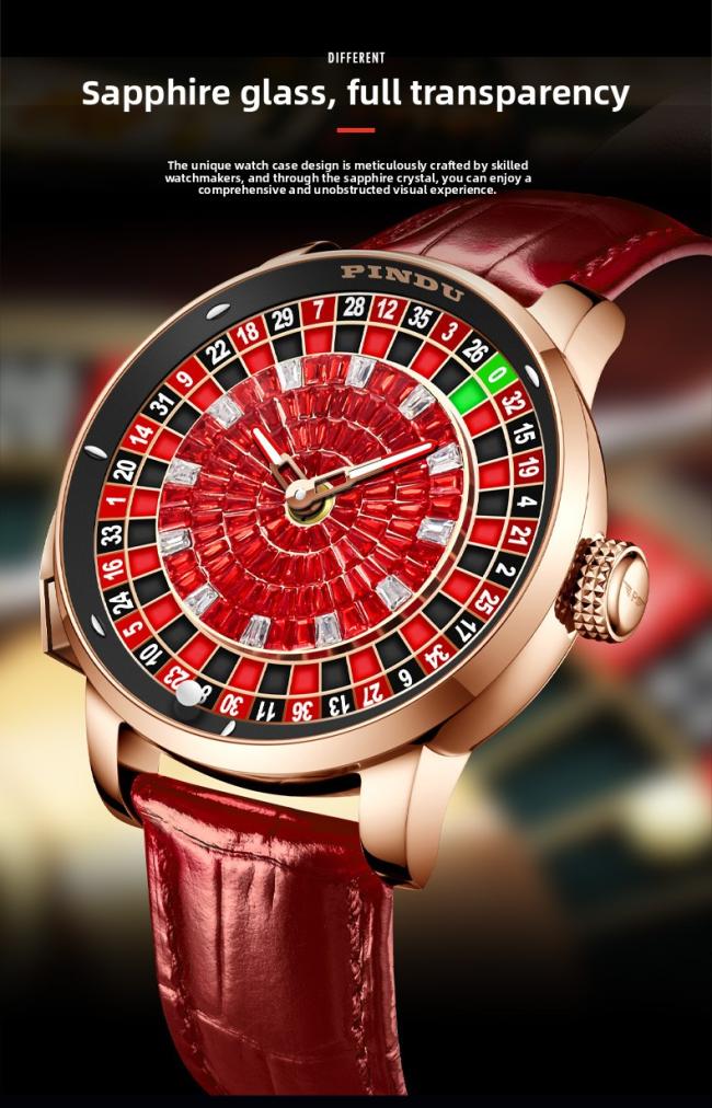 Side view stainless steel case mens automatic watch red genuine leather band
