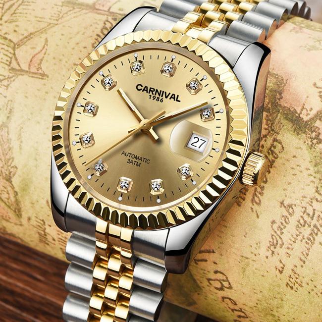 Two tone gold steel men dress watch silver dial luminous hands