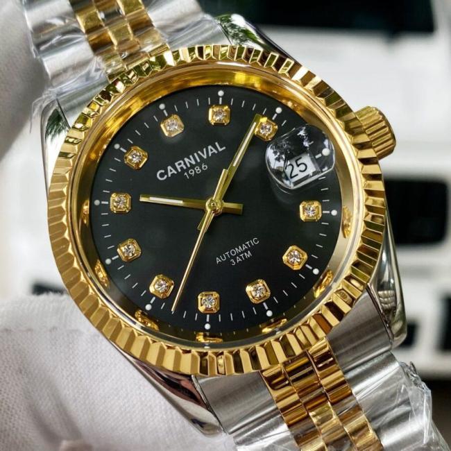 Classic mens automatic mechanical watch gold dial two-tone steel bracelet