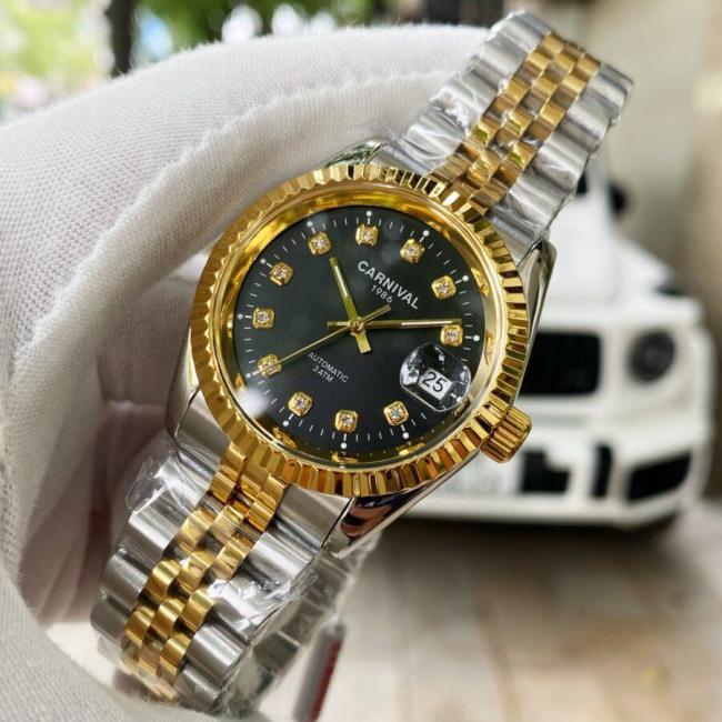 Men two tone gold silver stainless steel automatic watch, black roman numeral dial dress wrist watch
