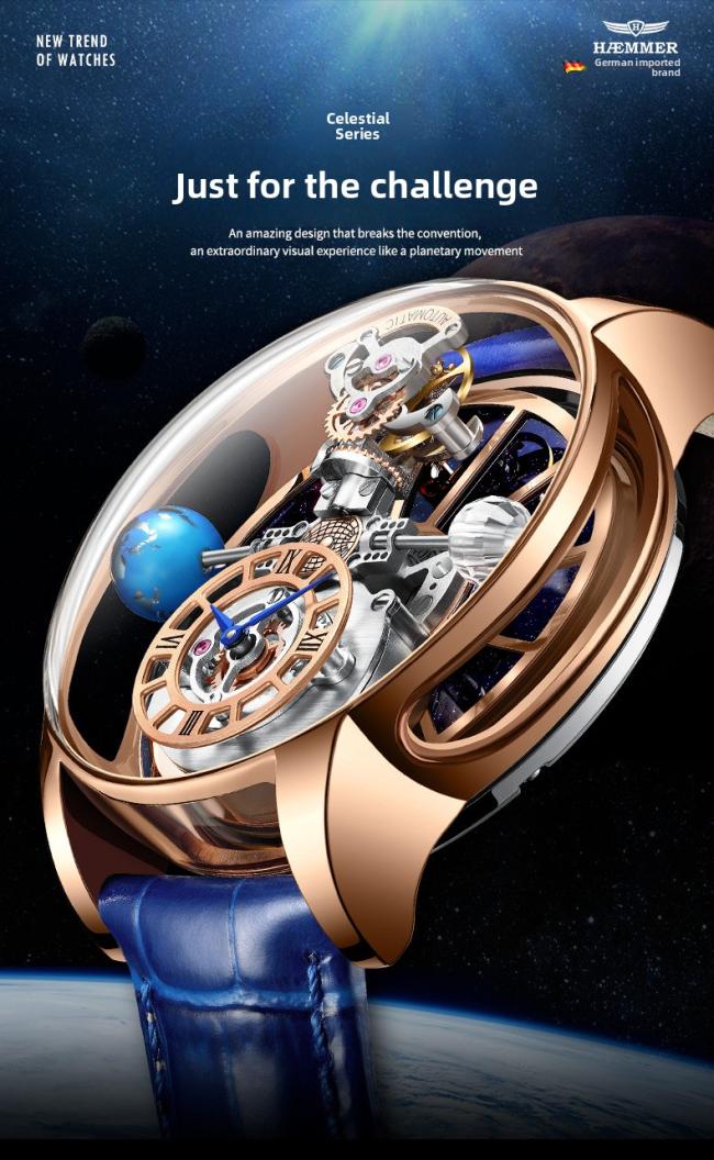 men starry sky skeleton quartz watch rose gold case