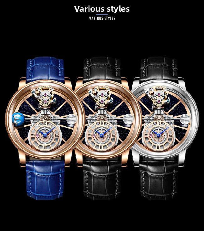 Men's Skeleton Starry Sky Quartz Watch, 46mm Open Work Dial World Time Wristwatch, Genuine Leather Strap 30M Waterproof Luxury Dress Watch for Men