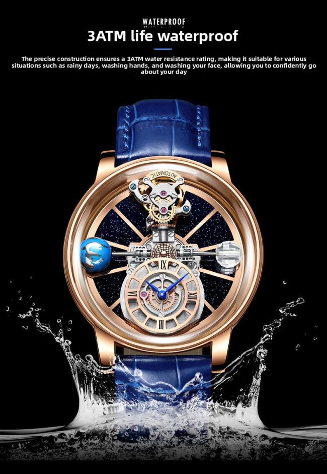 Men's Skeleton Starry Sky Quartz Watch, 46mm Open Work Dial World Time Wristwatch, Genuine Leather Strap 30M Waterproof Luxury Dress Watch for Men