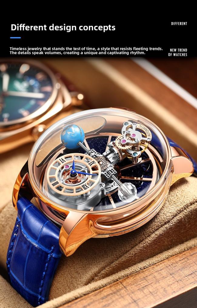 Men's Skeleton Starry Sky Quartz Watch, 46mm Open Work Dial World Time Wristwatch, Genuine Leather Strap 30M Waterproof Luxury Dress Watch for Men