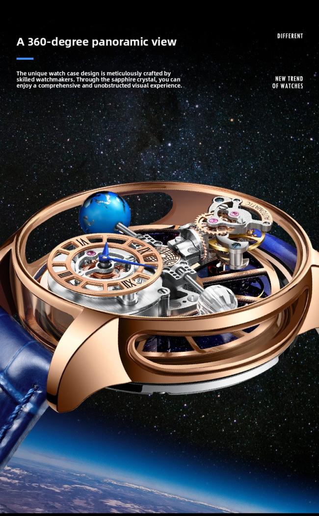 Men's Skeleton Starry Sky Quartz Watch, 46mm Open Work Dial World Time Wristwatch, Genuine Leather Strap 30M Waterproof Luxury Dress Watch for Men