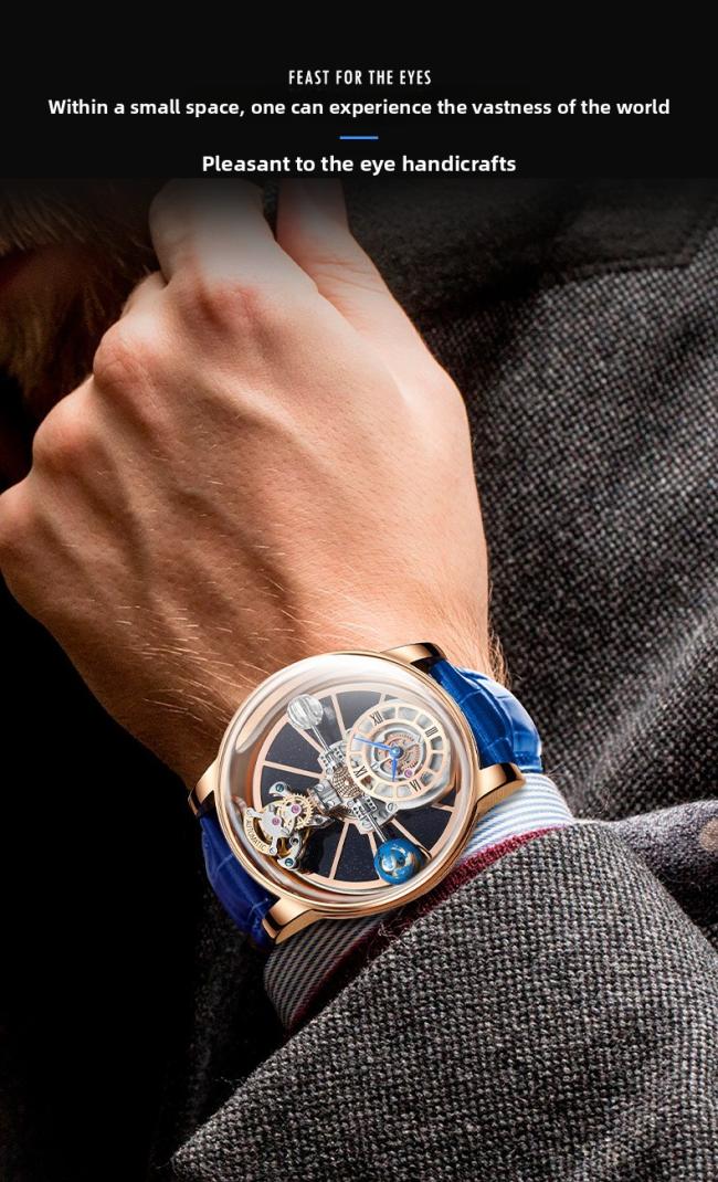 Men's Skeleton Starry Sky Quartz Watch, 46mm Open Work Dial World Time Wristwatch, Genuine Leather Strap 30M Waterproof Luxury Dress Watch for Men