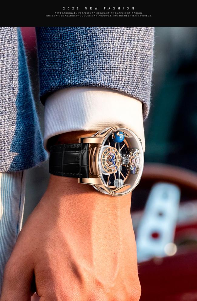 Men's Skeleton Starry Sky Quartz Watch, 46mm Open Work Dial World Time Wristwatch, Genuine Leather Strap 30M Waterproof Luxury Dress Watch for Men
