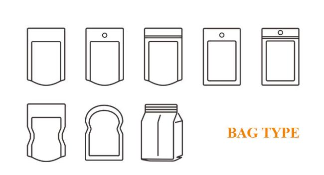 Rotary vacuum bag packaging machine showing various bag types
