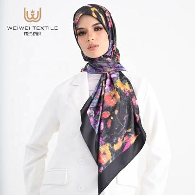 China Custom Printed Watercolor Summer Shimmer Square Scarf Comfortable Satin Silk Hijab Shawl for Women Factory Direct for sale