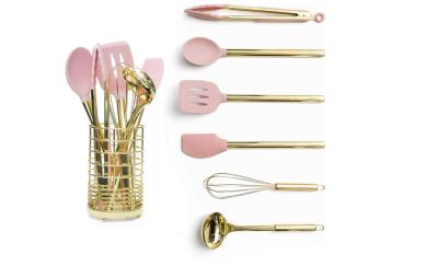 Cina un oro di 7 pezzi & insiemi rosa dell'utensile della cucina del silicone, supporto dell'utensile dell'oro in vendita
