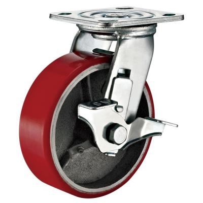China 6" Swivel Plate Mount Red Polyurethane On Iron Cast Wheel Heavy Duty Castor With Total Lock Brakeeavy Duty Castor for sale