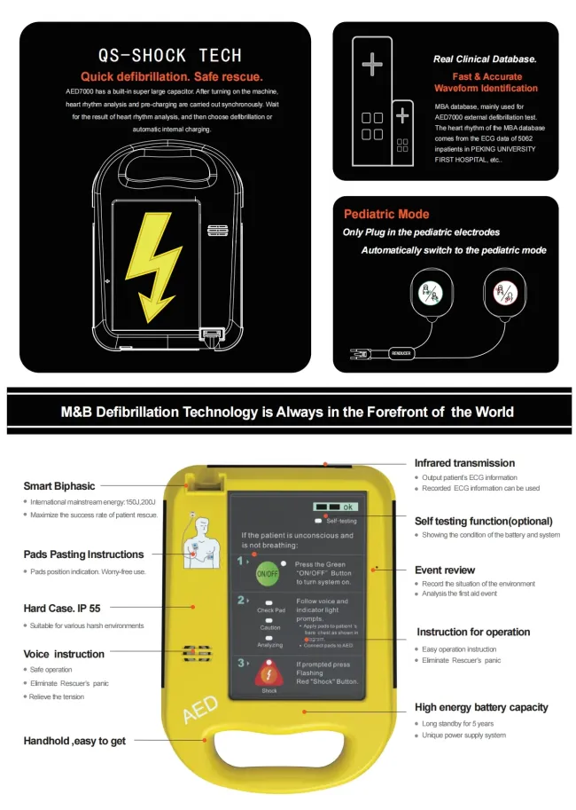 Aed-7000 Reliable Aed Defibrillator with Pediatric Mode and Voice Prompts
