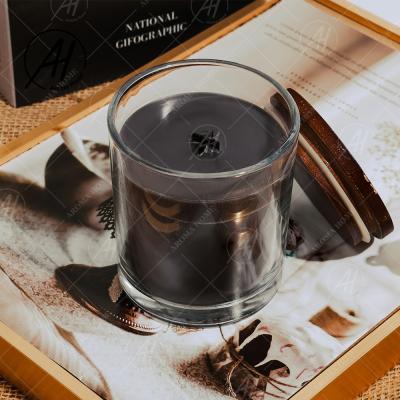 Cina Candela trasparente su ordinazione del profumo della vaniglia della cera della soia del nero del barattolo con i coperchi di legno in vendita