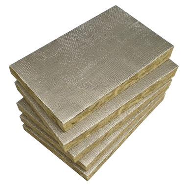 Aluminum foil-faced acoustic rock wool product illustration showing construction and installation details