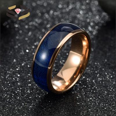 China Channel Setting Technology 8mm Men's Blue Box Elder Wood Inlay Tungsten Carbide Ring with Rose Gold Plated Comfort Fit for sale