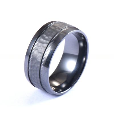 Cina Third Party Appraisal Geometric 8mm Custom Dome Edge Hammered Two Gear Pattern Black Zirconium Ring for Men Wedding Band in vendita